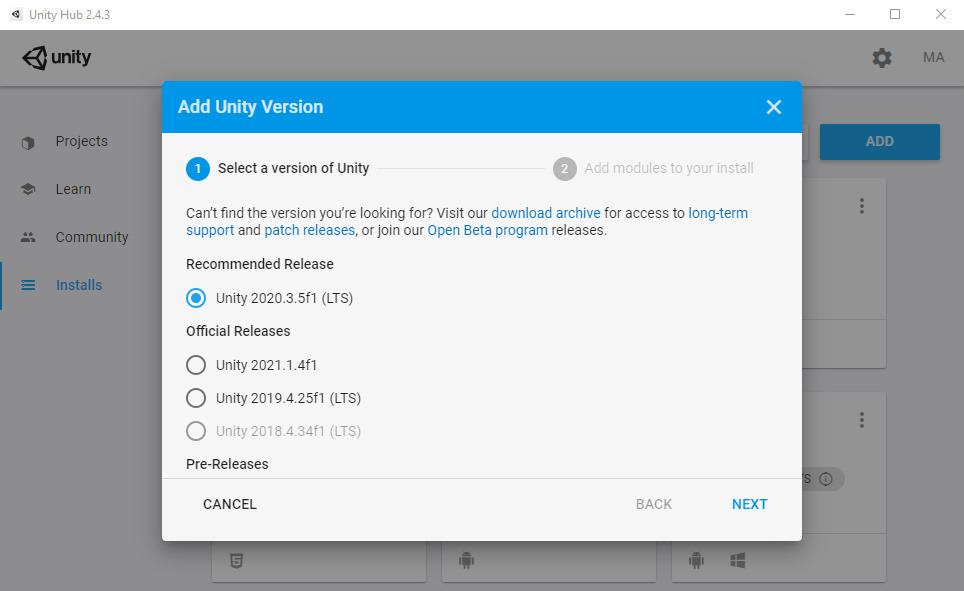 Instalación de Unity Hub