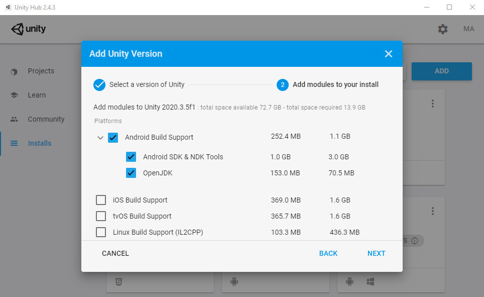 Selección del módulo complementario de Unity Hub